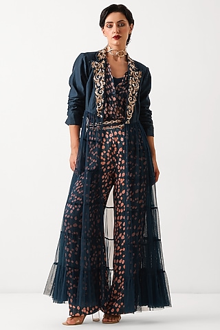 Prussian Blue Chanderi Printed Jacket Set by Pallavi Jaipur at Pernia's ...