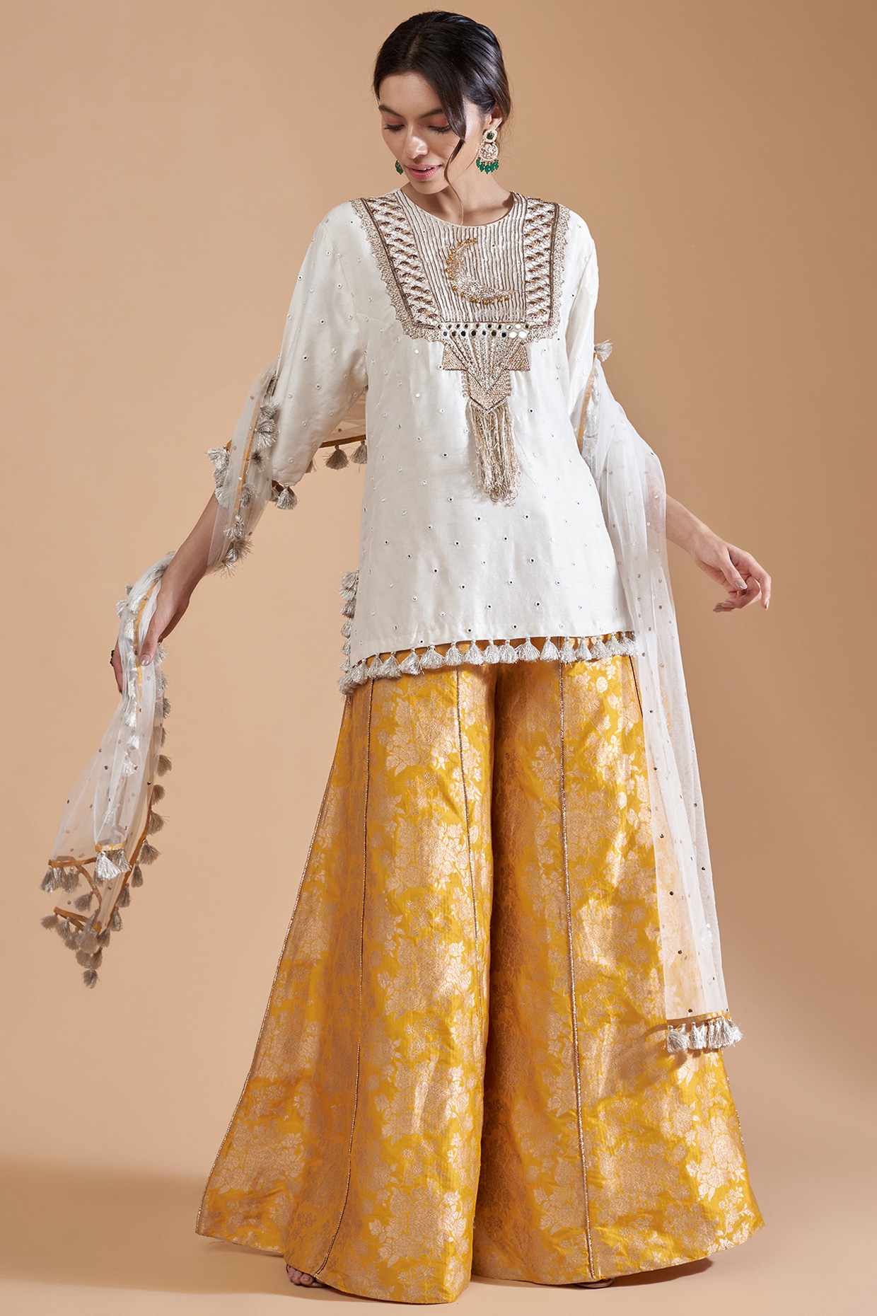 Mustard Brocade Sharara Set by Payal Singhal at Pernia's Pop Up Shop 2025