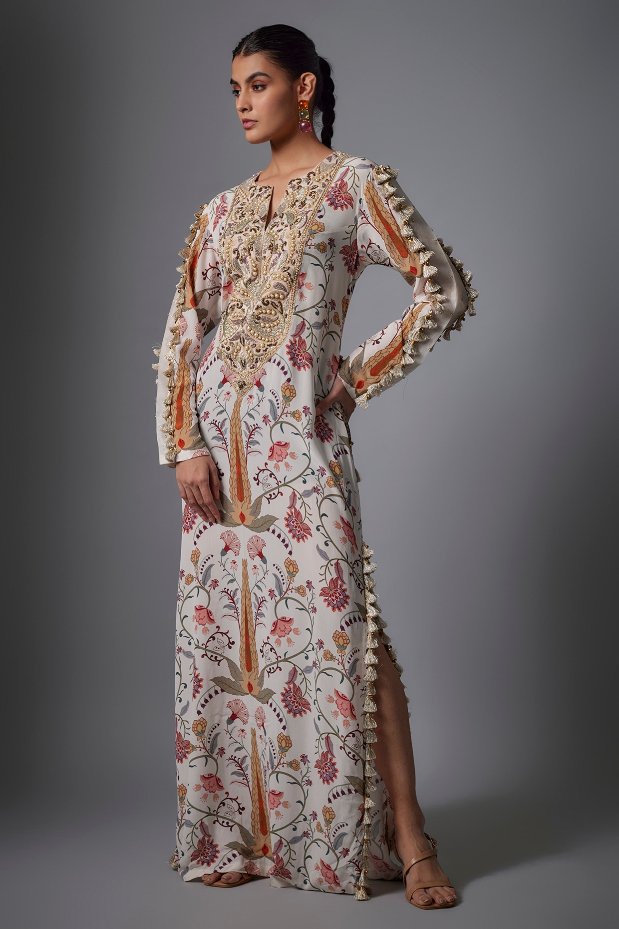 Cream Ochre Crepe Forest Digital Printed Beyza Kaftan by Payal Singhal ...