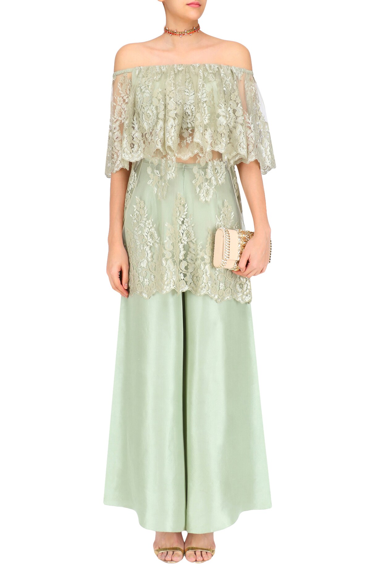Mint chantilly lace off shoulder kurta set available only at Pernia's ...