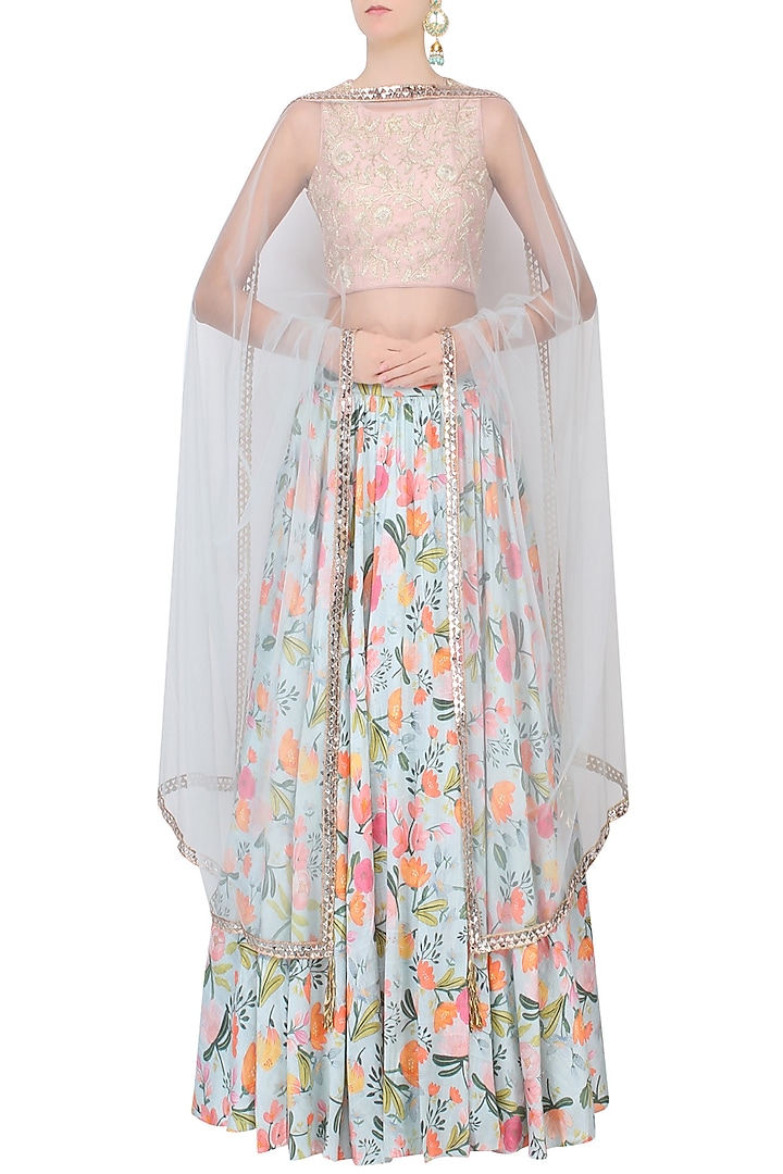Blush pink and aqua blue floral hand painted misu lehenga set available ...