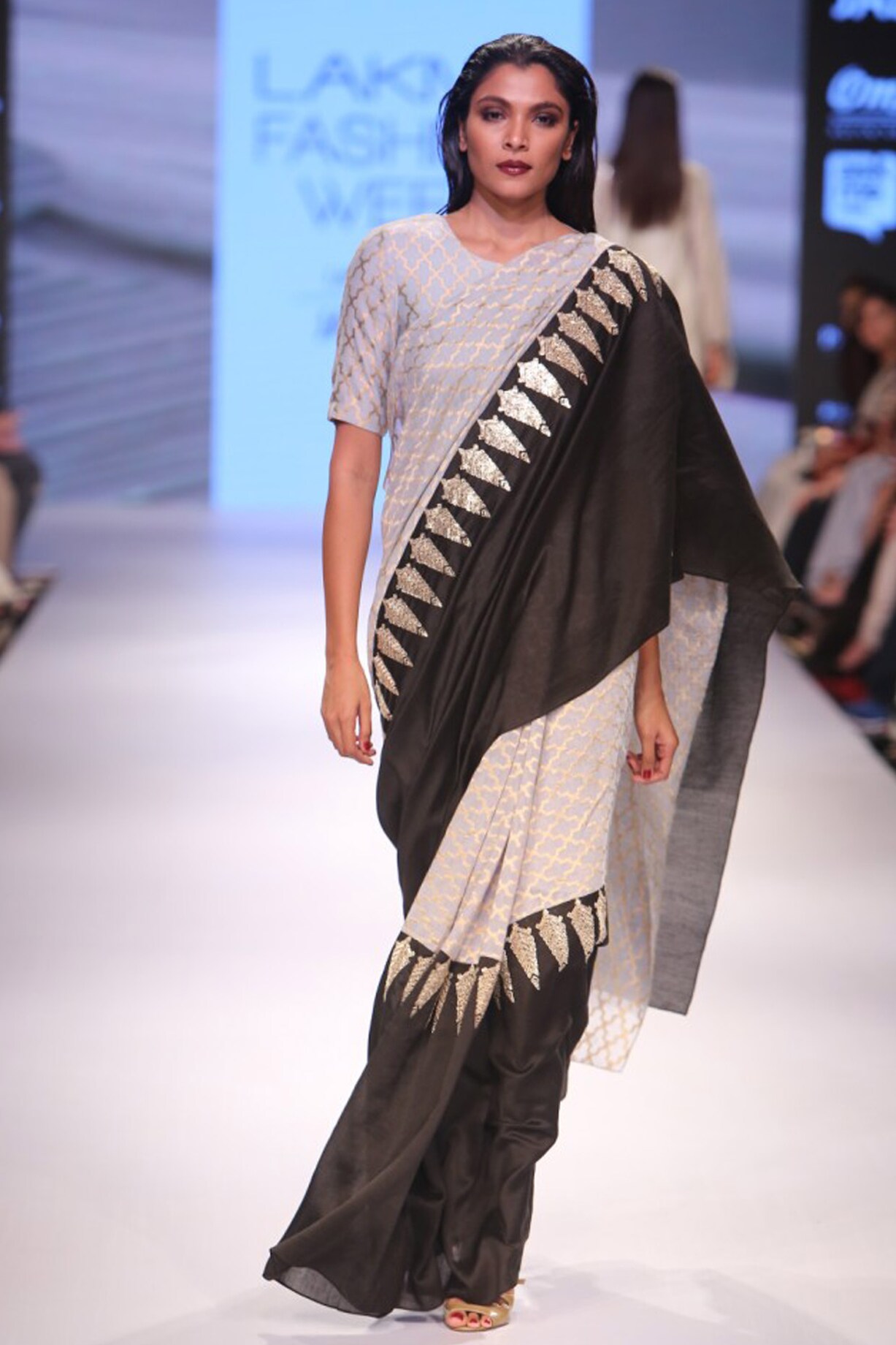 Powder Blue Ogee and black Benarasi embroidered saree with powder blue ...