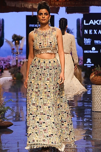 Multi Colored Embroidered Blouse With Periwinkle Blue Lehenga Skirt ...
