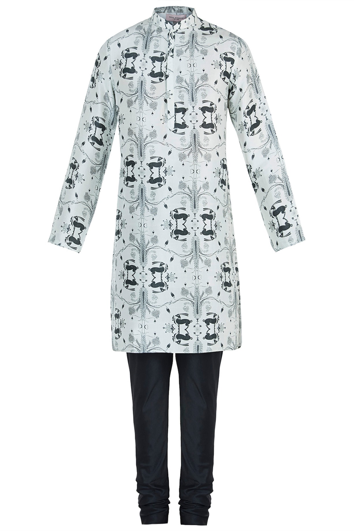 Powder blue printed kurta with black churidar pants available only at ...