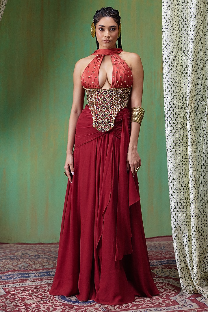 Rust Red Georgette Draped Skirt Set by Payal & Zinal at Pernia's Pop Up ...
