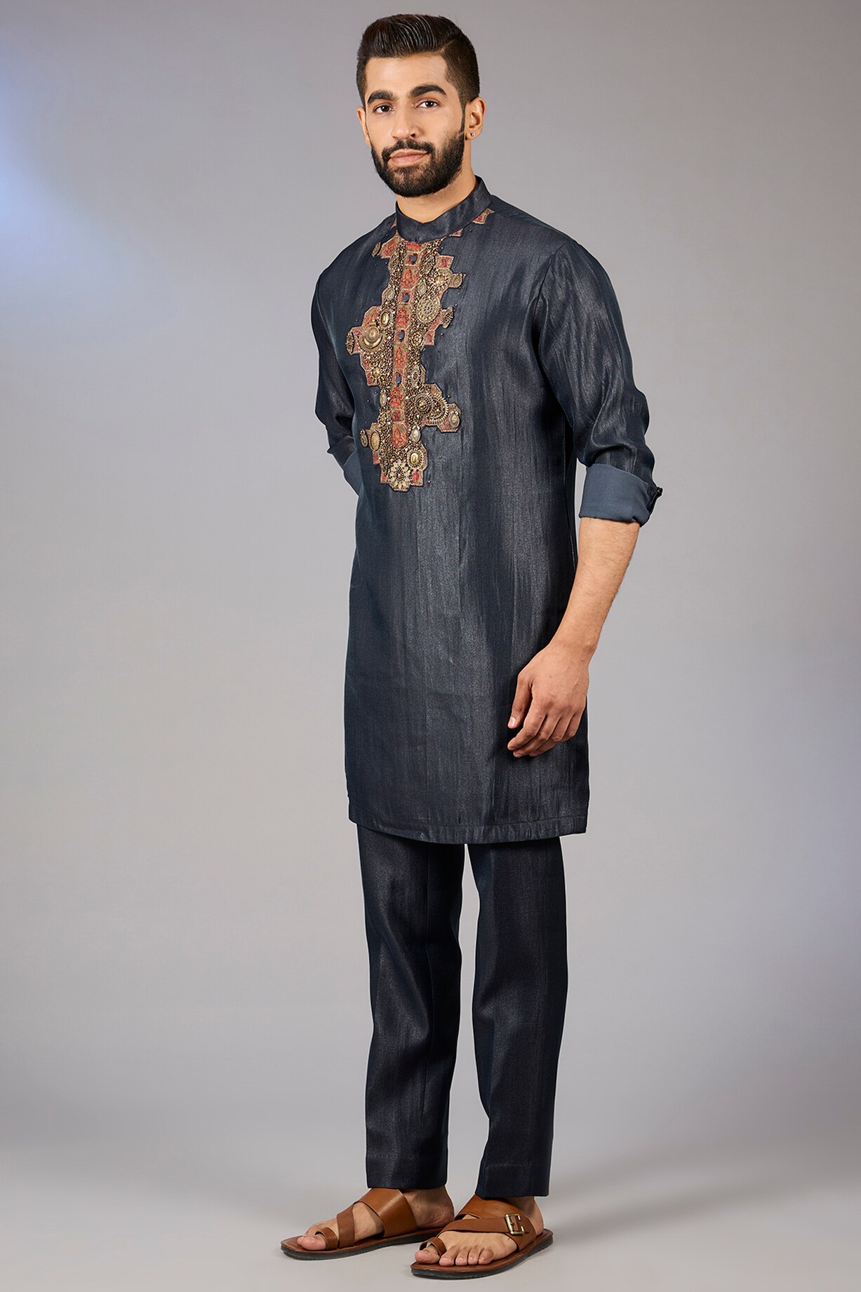 Navy Blue Matka Cotton Kashmiri Patchwork Kurta Set by Qbik Men at ...