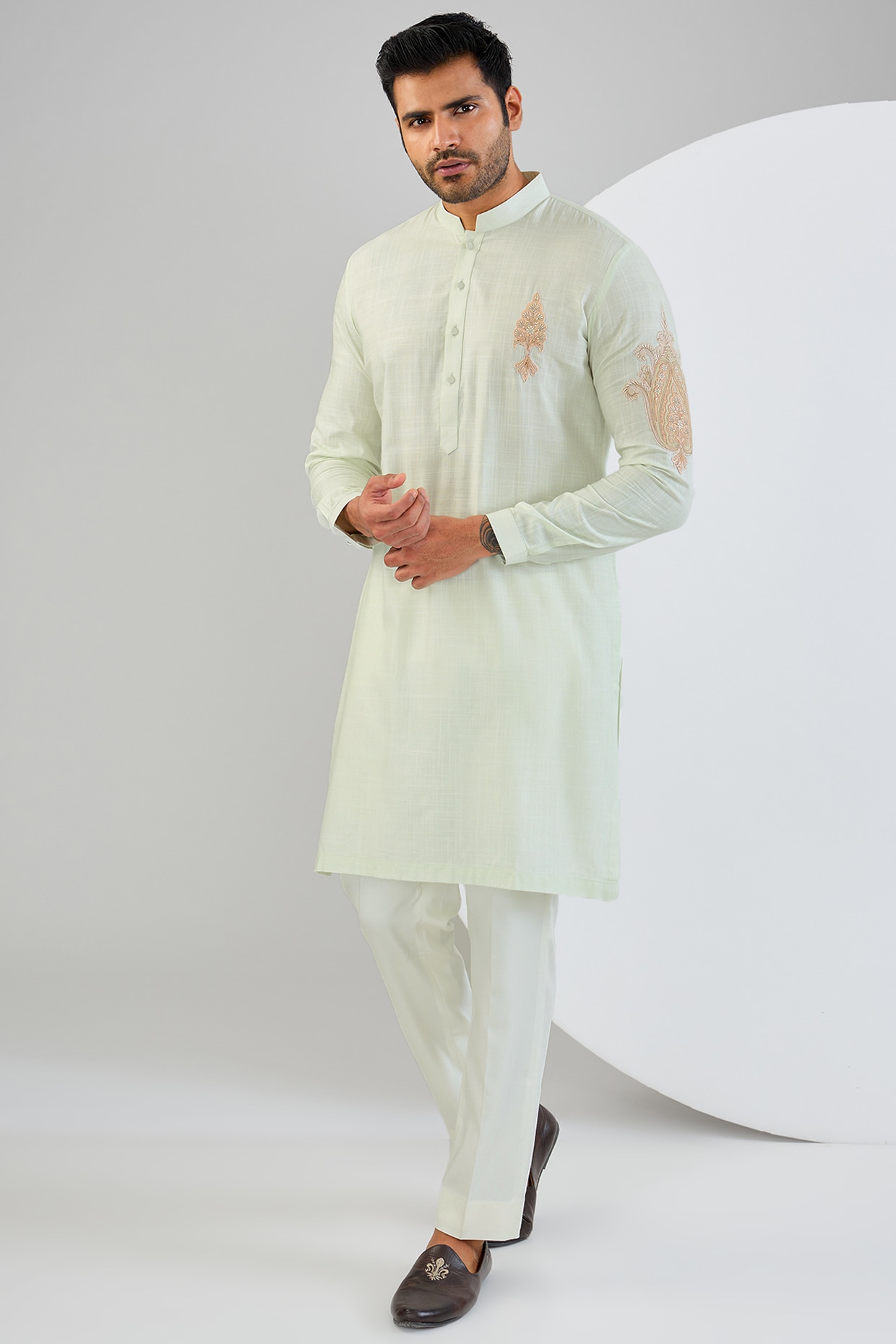 Mint Cotton Matka Kashmiri Embroidered Kurta Set by Qbik Men at Pernia ...
