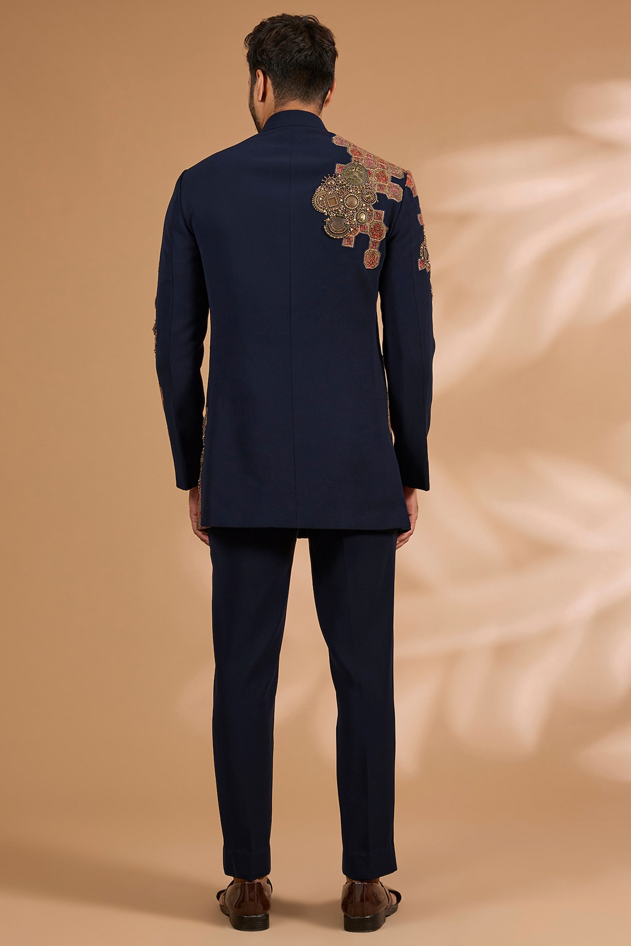 Navy Blue Jacquard & Wool Viscose Groom Bandhgala Set by Qbik Men at Pernia's Pop Up Shop 2025