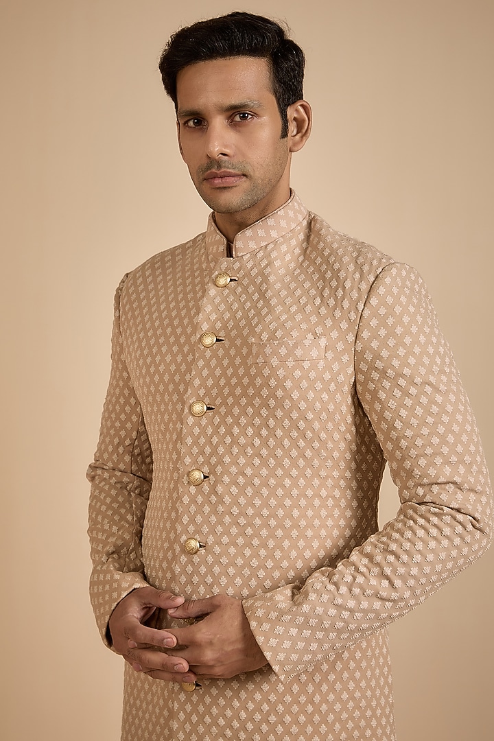 Blush Pink Silk Boota Embroidered Wedding Sherwani Set by Qbik Men at ...