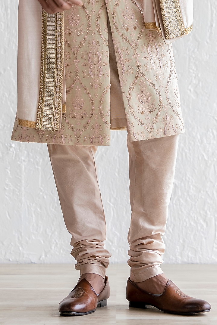 Beige Kashmiri Wool Embroidered Groom Sherwani Set by Qbik Men at ...