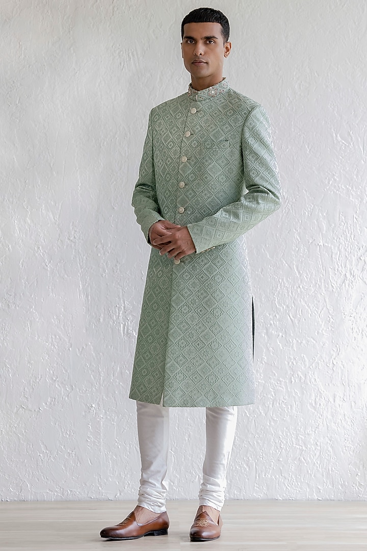 Mint Jacquard Embroidered Wedding Sherwani Set by Qbik Men at Pernia's ...