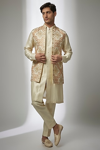 Ivory Pashmina Silk Kashmiri Embroidered Nehru Jacket Set by Qbik Men at Pernia's Pop Up Shop 2025
