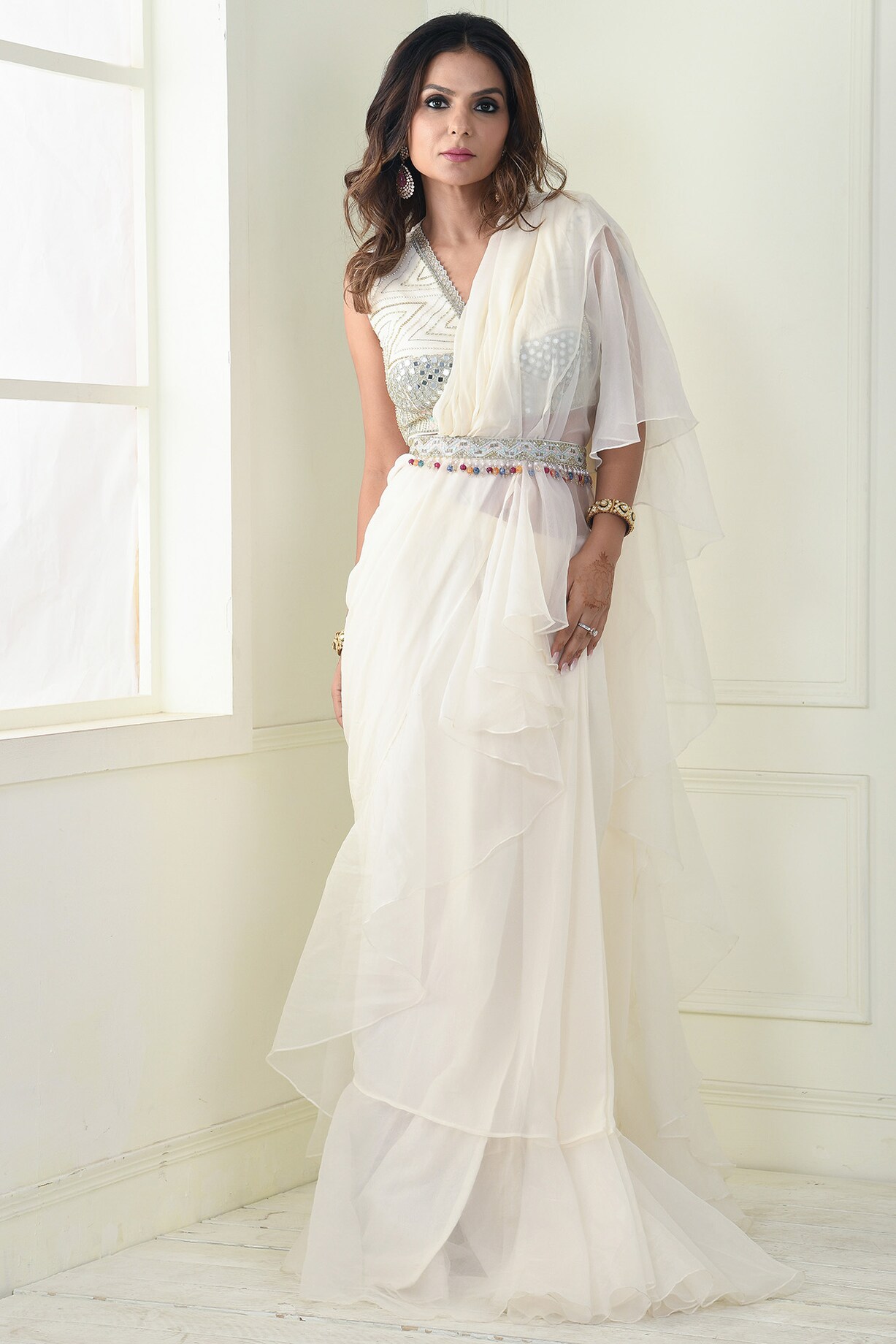 Ecru Crepe & Organza Draped Ruffled Saree Set by Q by Sonia Baderia at ...
