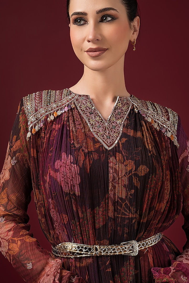 Maroon Chiffon Embroidered & Printed Gown by Q by Sonia Baderia at ...
