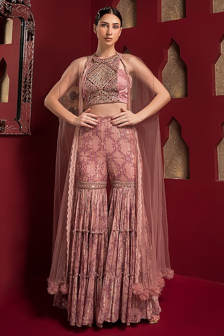 Pastel Pink Chiffon Printed Gharara Set Design by Q by Sonia Baderia at ...