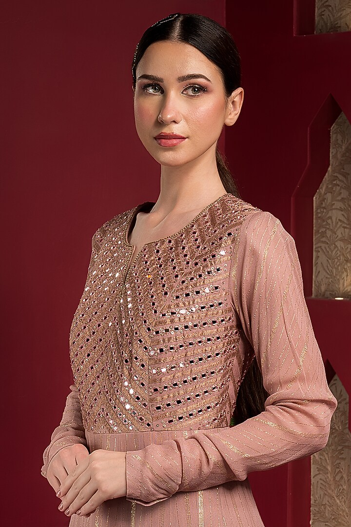 Pastel Pink Georgette Lurex Embroidered Anarkali Set Design by Q by ...