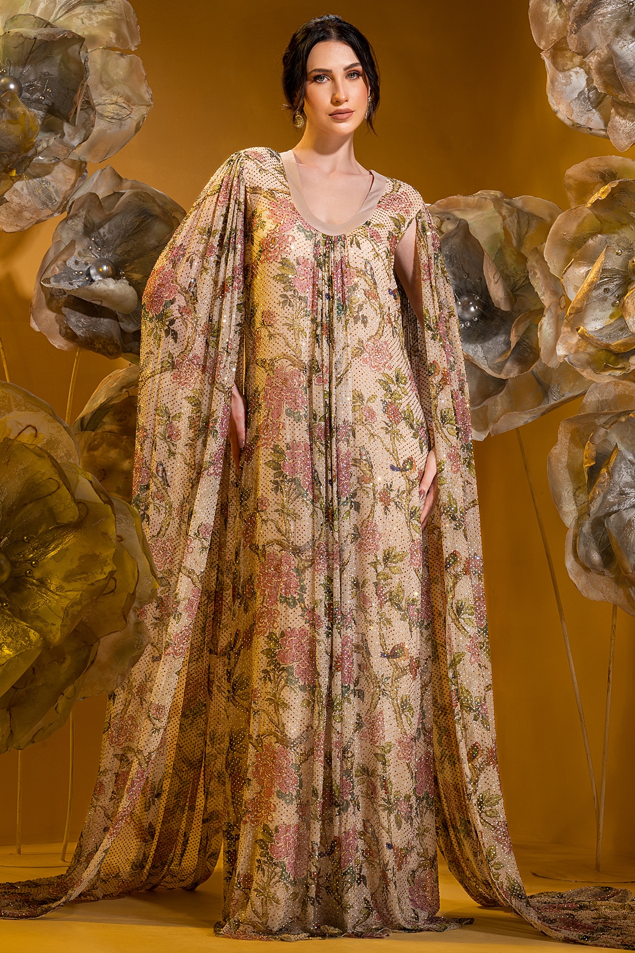 Beige Chiffon Printed Gown by Q by Sonia Baderia at Pernia's Pop Up ...