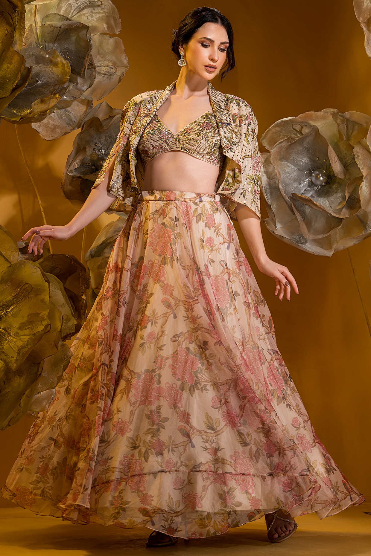Beige Organza Printed Skirt Set by Q by Sonia Baderia at Pernia's Pop ...