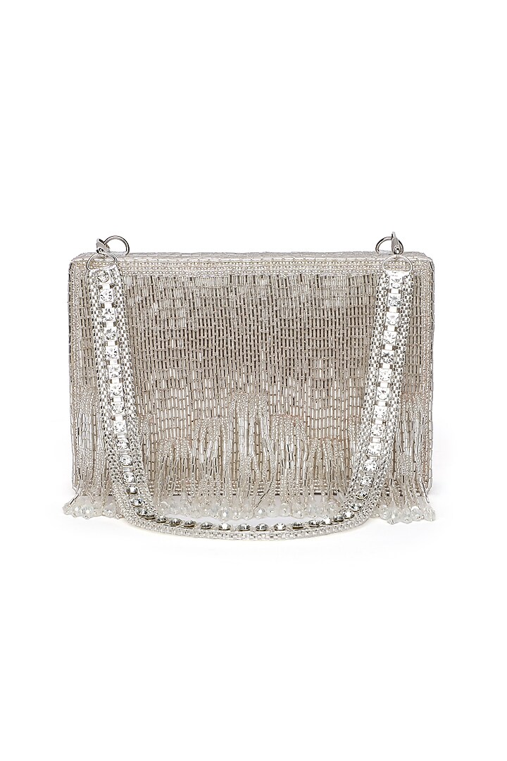 Silver Raw Silk Embellished Clutch by Quirky Tales at Pernia's Pop Up ...