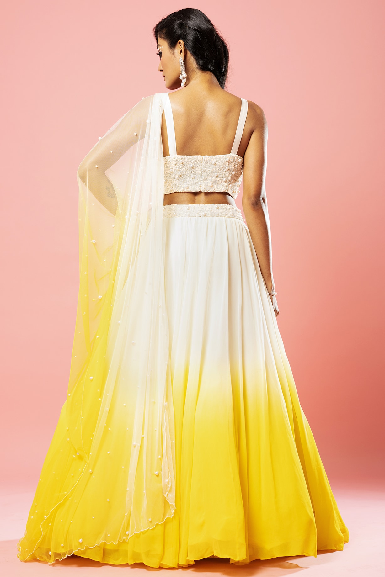 Ivory & yellow Ombre Pure Georgette Embroidered Wedding Lehenga Set by ...