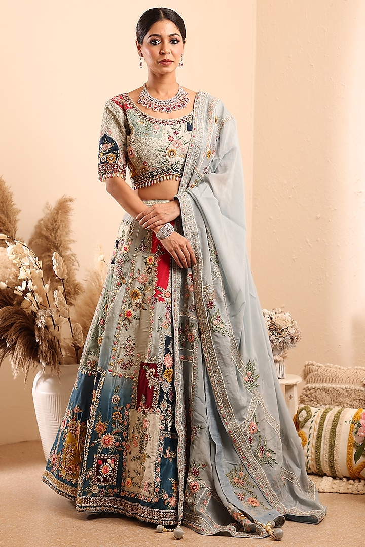 Blue Raw Silk Patch Work Embellished Wedding Lehenga Set by Raas ...