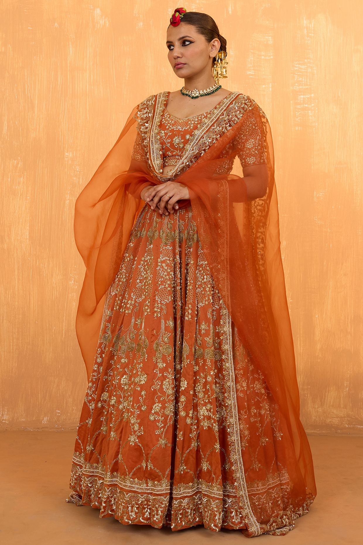 Orange Rust Silk Chanderi Pearl Hand Embroidered Wedding Lehenga Set by ...