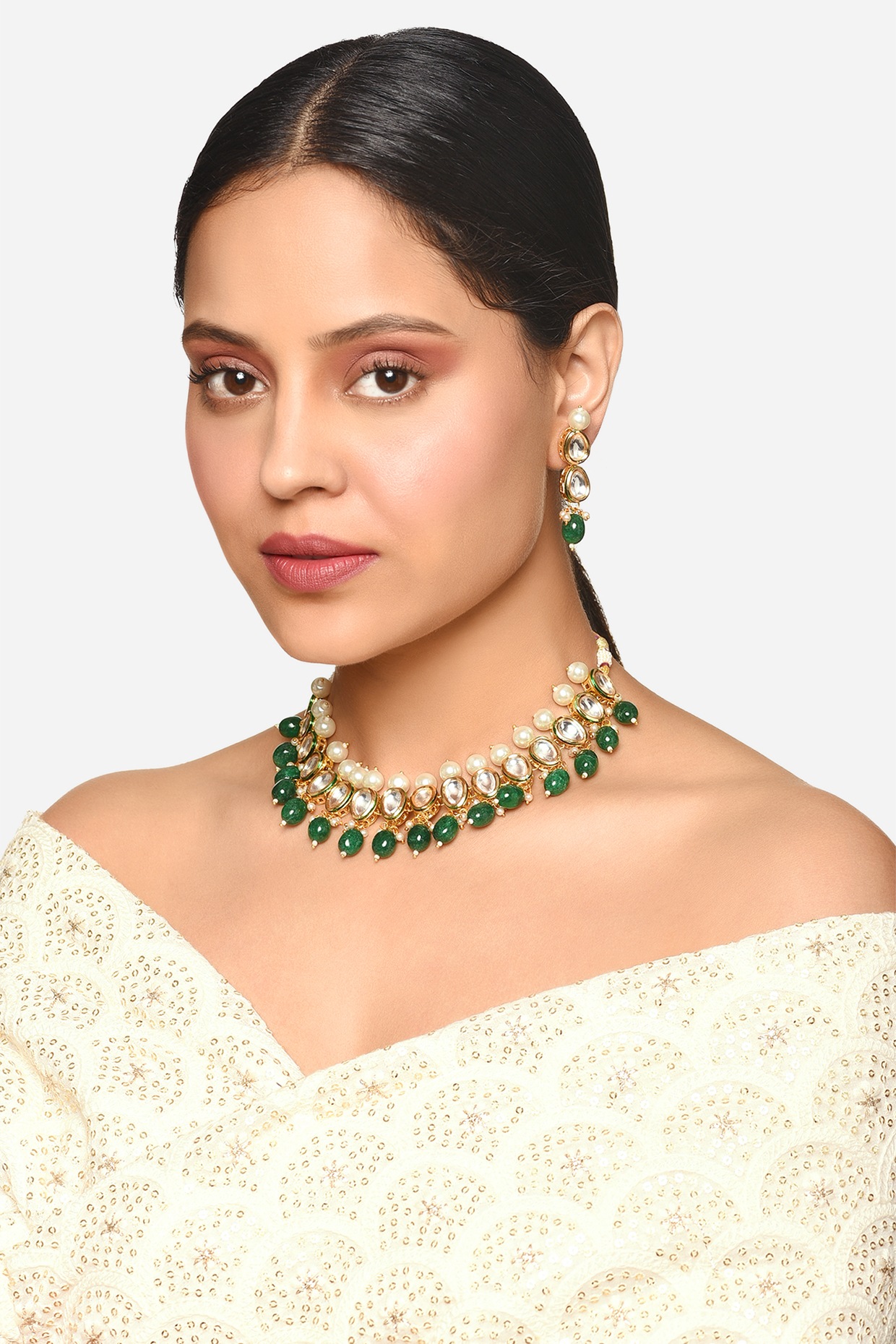 Gold Finish Emerald Green Stone & Pearl Layered Choker Necklace Set by ...