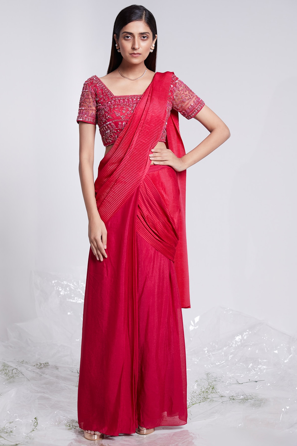 Pink Crepe & Crush Satin Silk Pre-Draped Saree Set by Rajkumari and ...