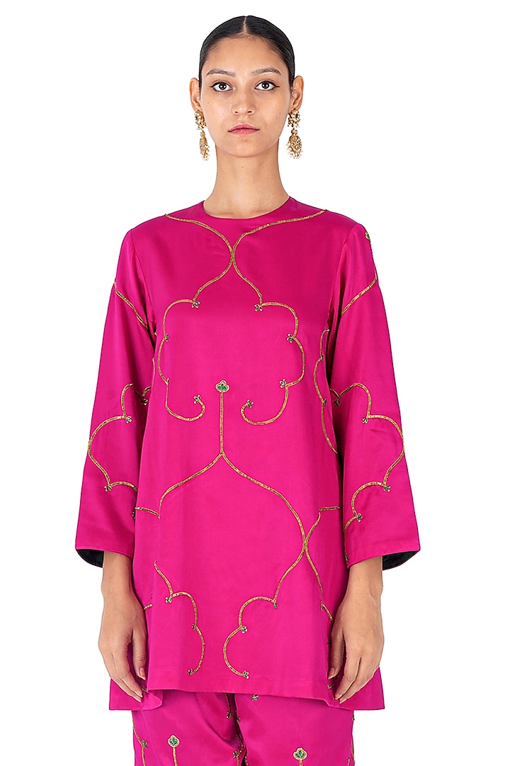 Rani Pink Satin Silk Dori Work & Sequins Hand Embroidered Kurta Set by ...