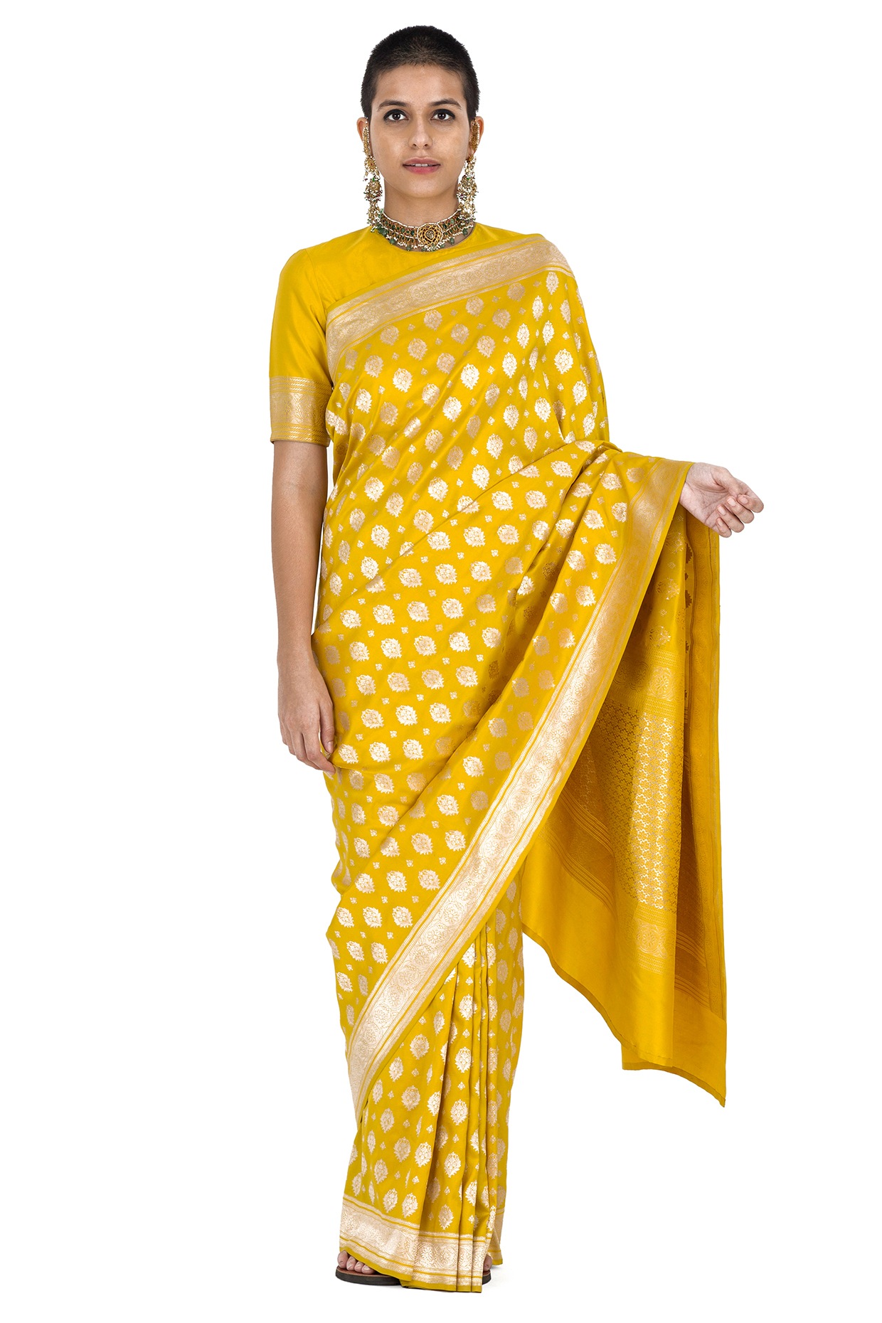 Yellow Varanasi Silk Brocade Floral Boota Handwoven Saree by Raw Mango ...
