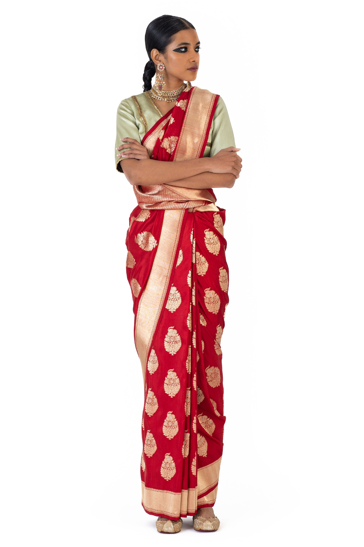 Monkey Red Varanasi Silk Brocade Floral Boota Saree by Raw Mango at ...