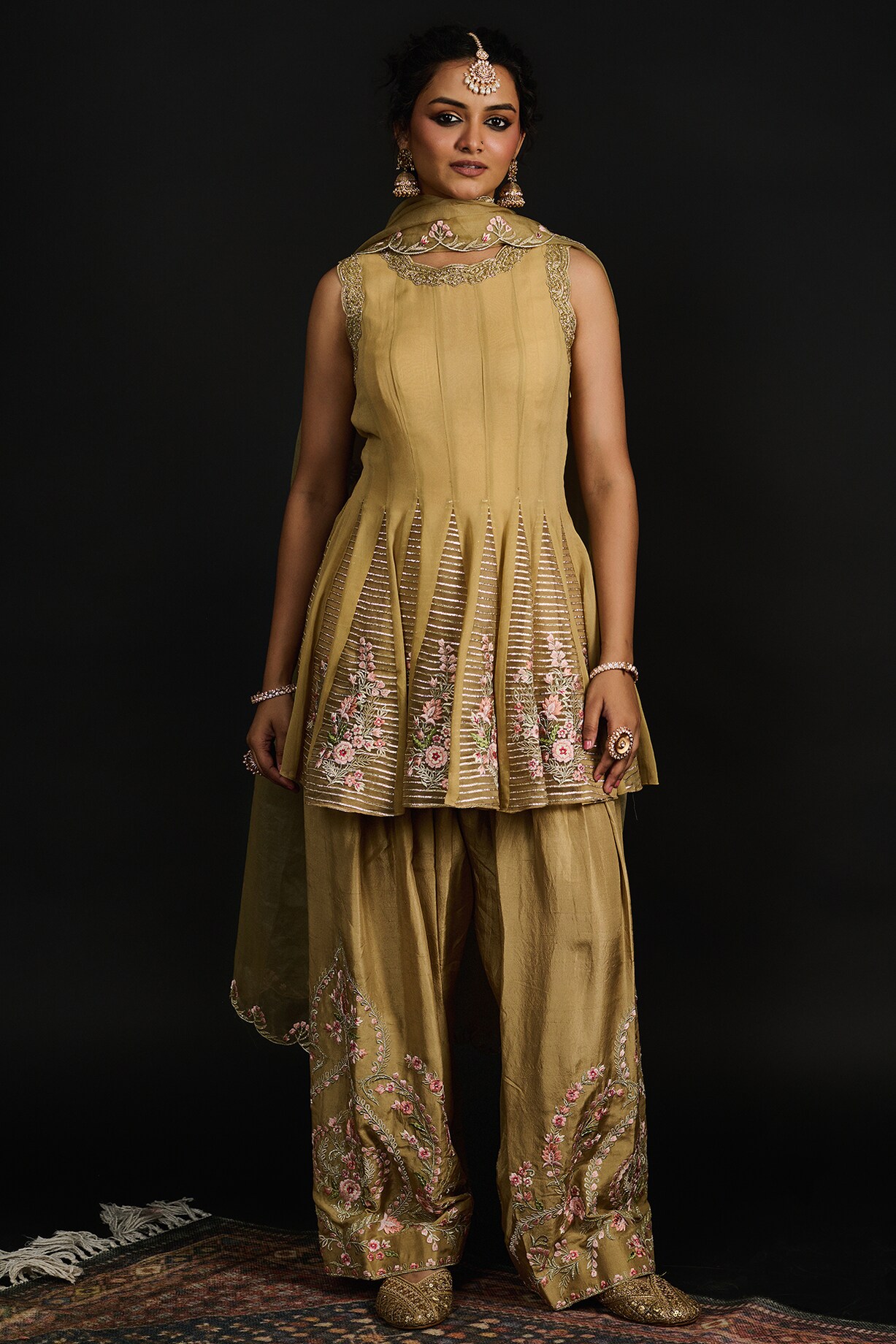 Golden Georgette Floral Embroidered Anarkali Set by Reeti Arneja at ...