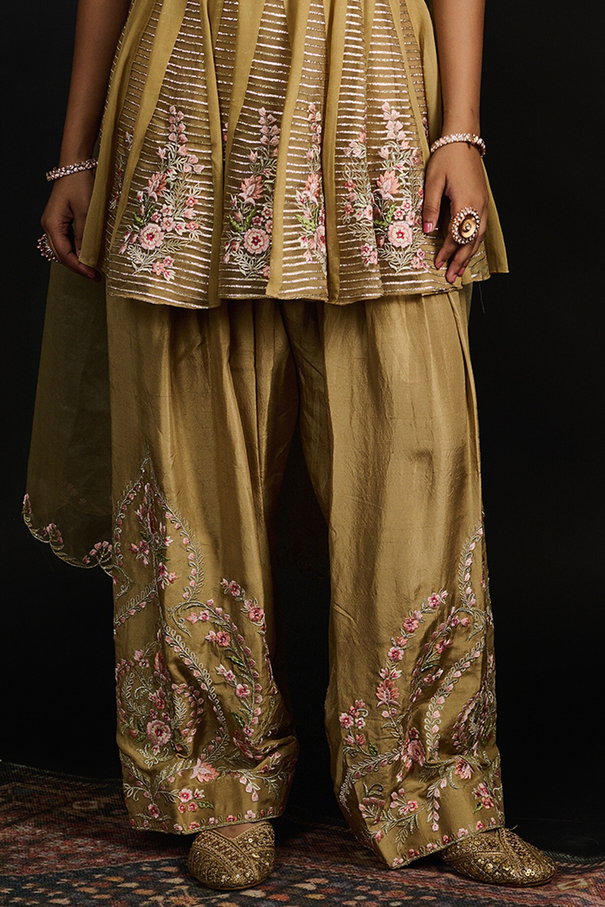 Golden Georgette Floral Embroidered Anarkali Set by Reeti Arneja at ...