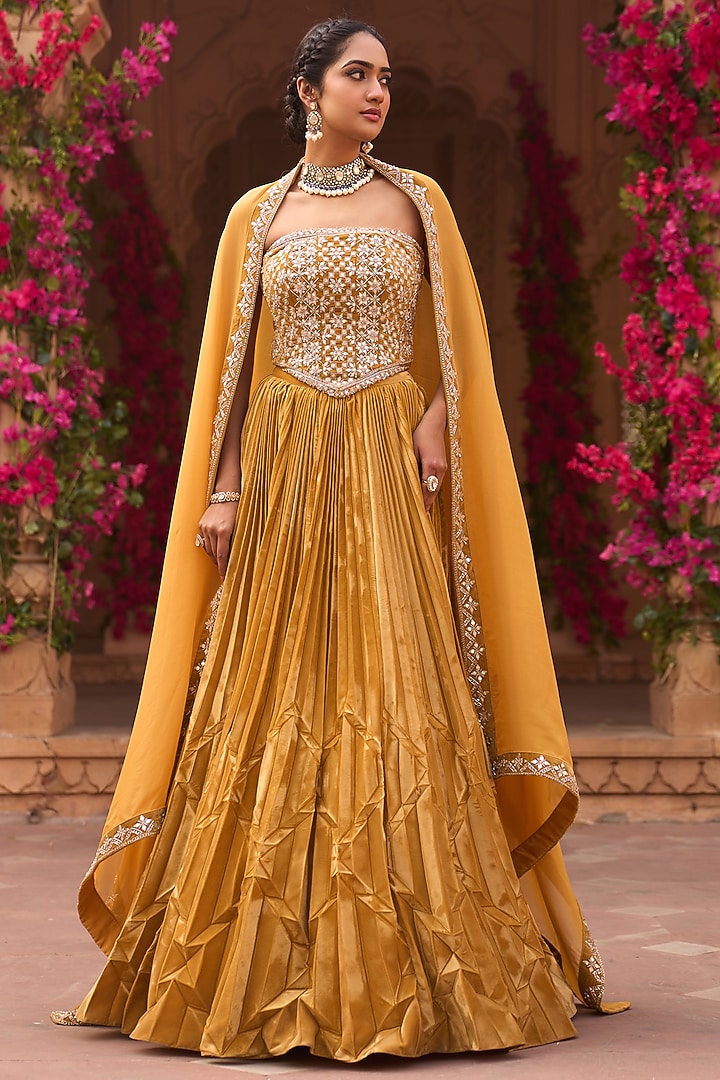 Haldi yellow Velvet Embellished Pleated Lehenga Set Design by Reeti ...