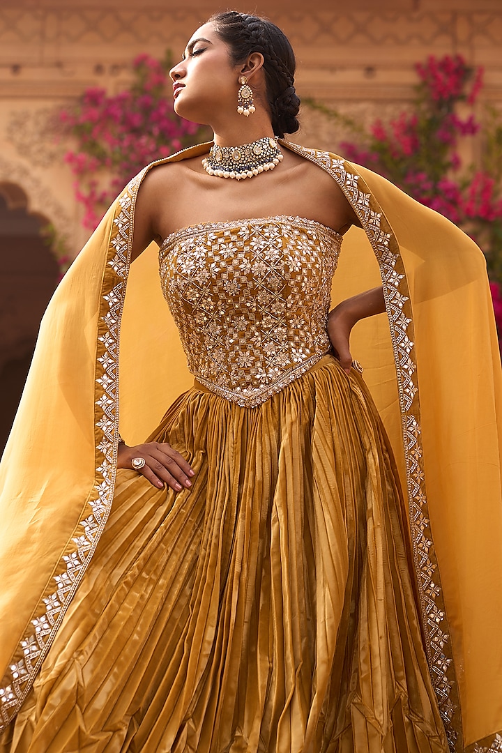 Haldi yellow Velvet Embellished Pleated Lehenga Set Design by Reeti ...