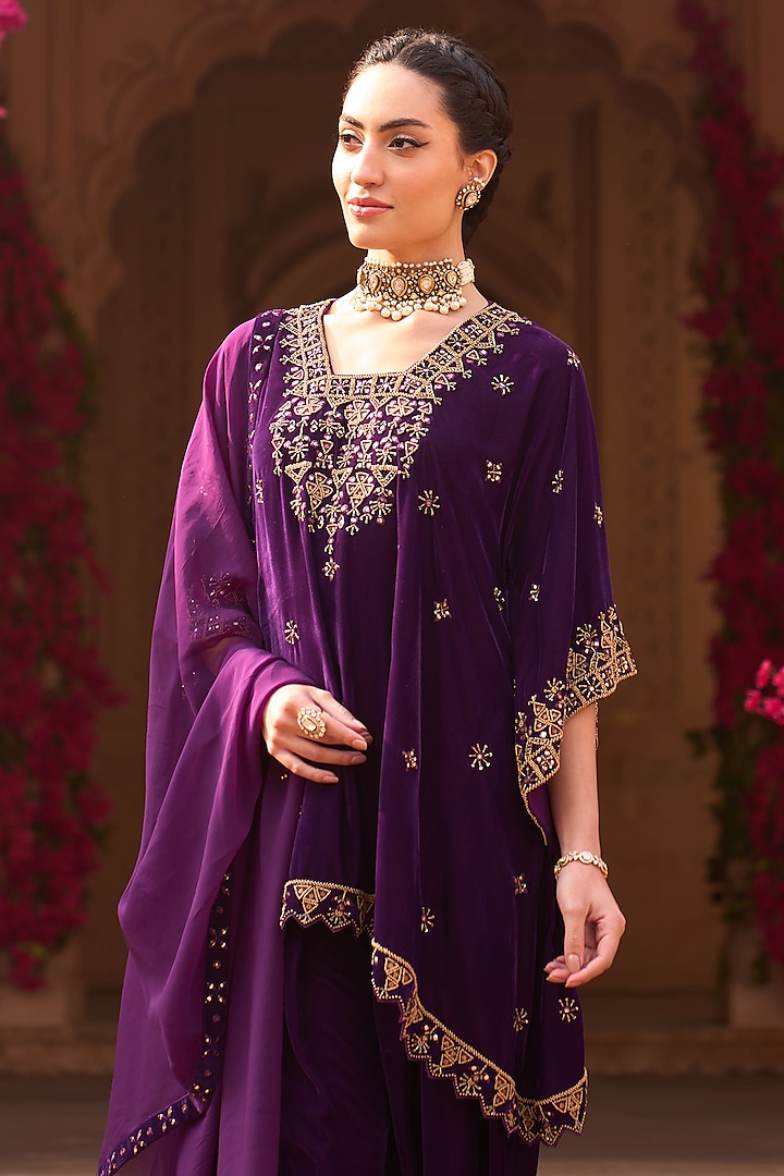 Purple Velvet Gold Hand Embroidered Kaftan Kurta Set Design by Reeti ...