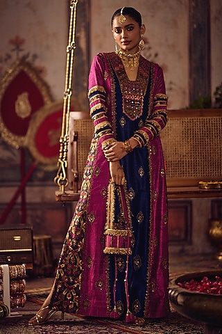 Royal Blue & Magenta Pink Raw Silk Zardosi Embroidered Kaftan Kurta Set ...