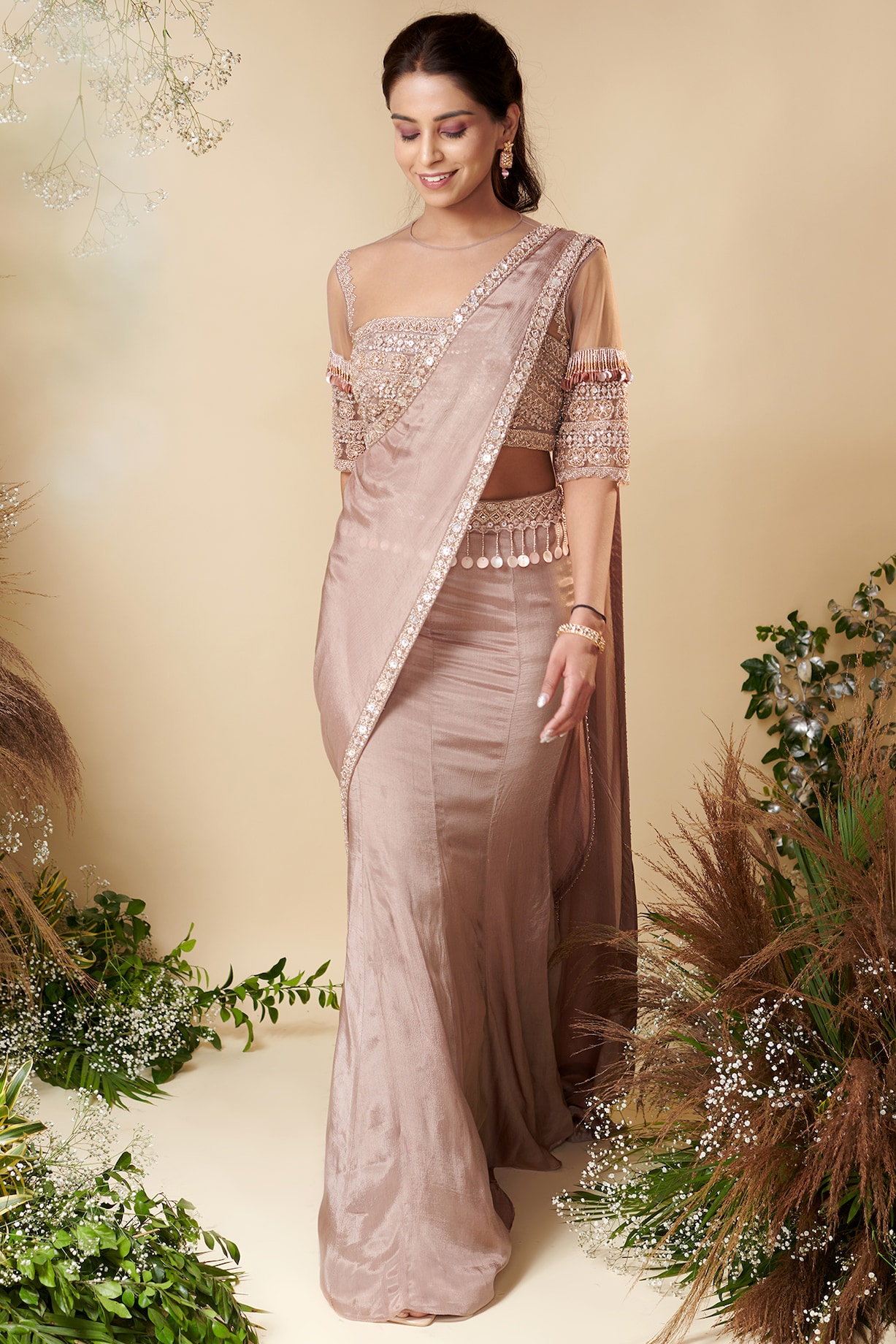 Rose Brown Chinon Pre-Draped Saree Set by Reeti Arneja at Pernia's Pop ...