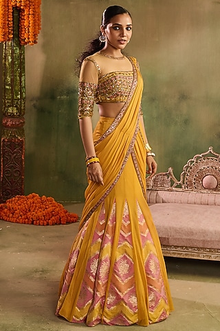 Haldi Yellow Chanderi Banarasi Banjara Embroidered Wedding Lehenga Set ...