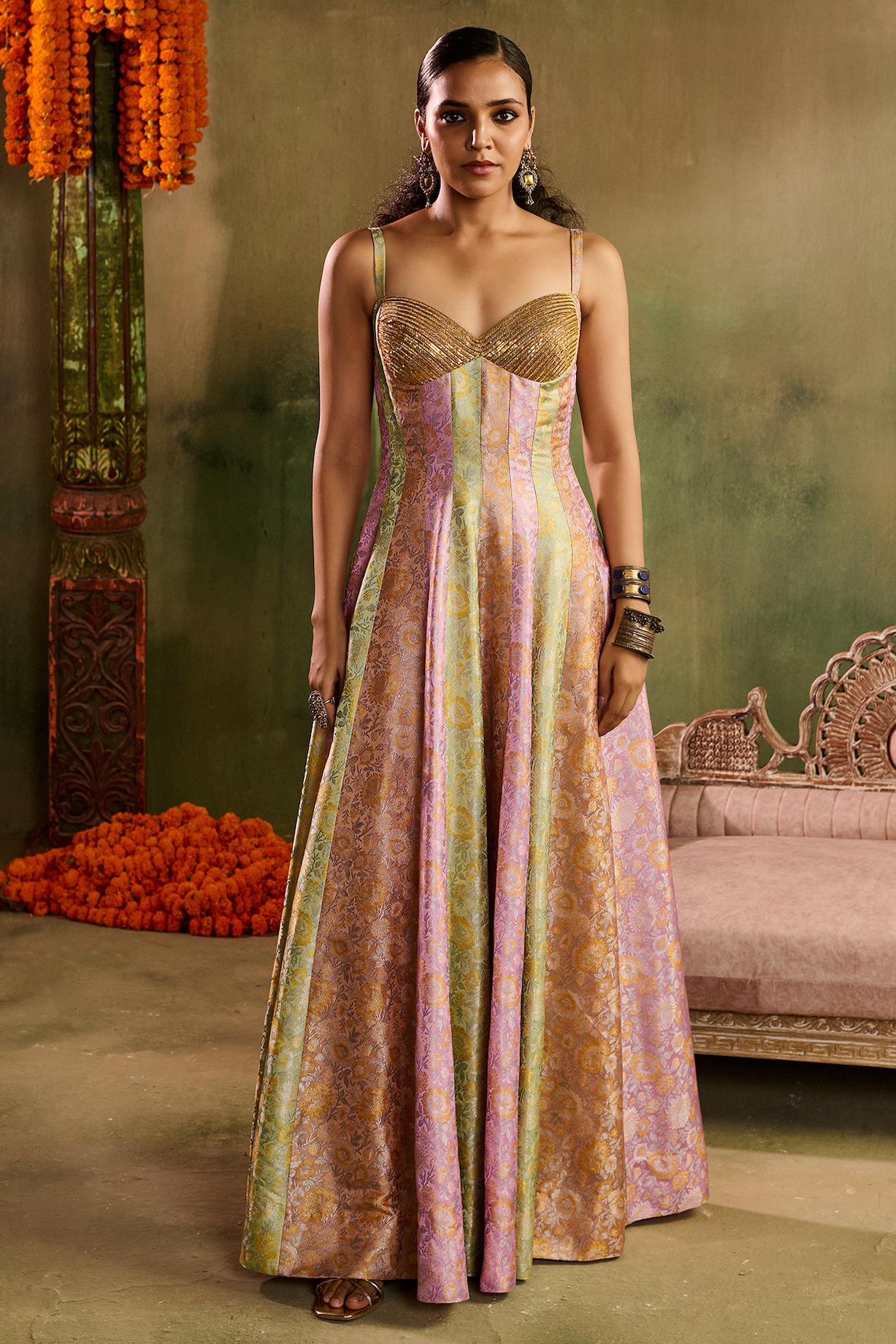 Multi-Colored Banarasi Silk Kalidar Party Wear Gown by Reeti Arneja at ...