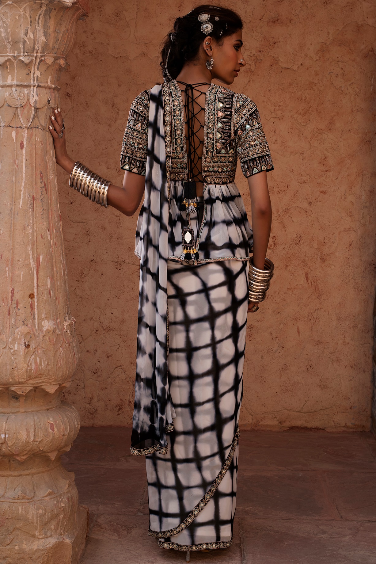 Black Pre-Stitched Saree Set by Reeti Arneja at Pernia's Pop Up Shop 2025