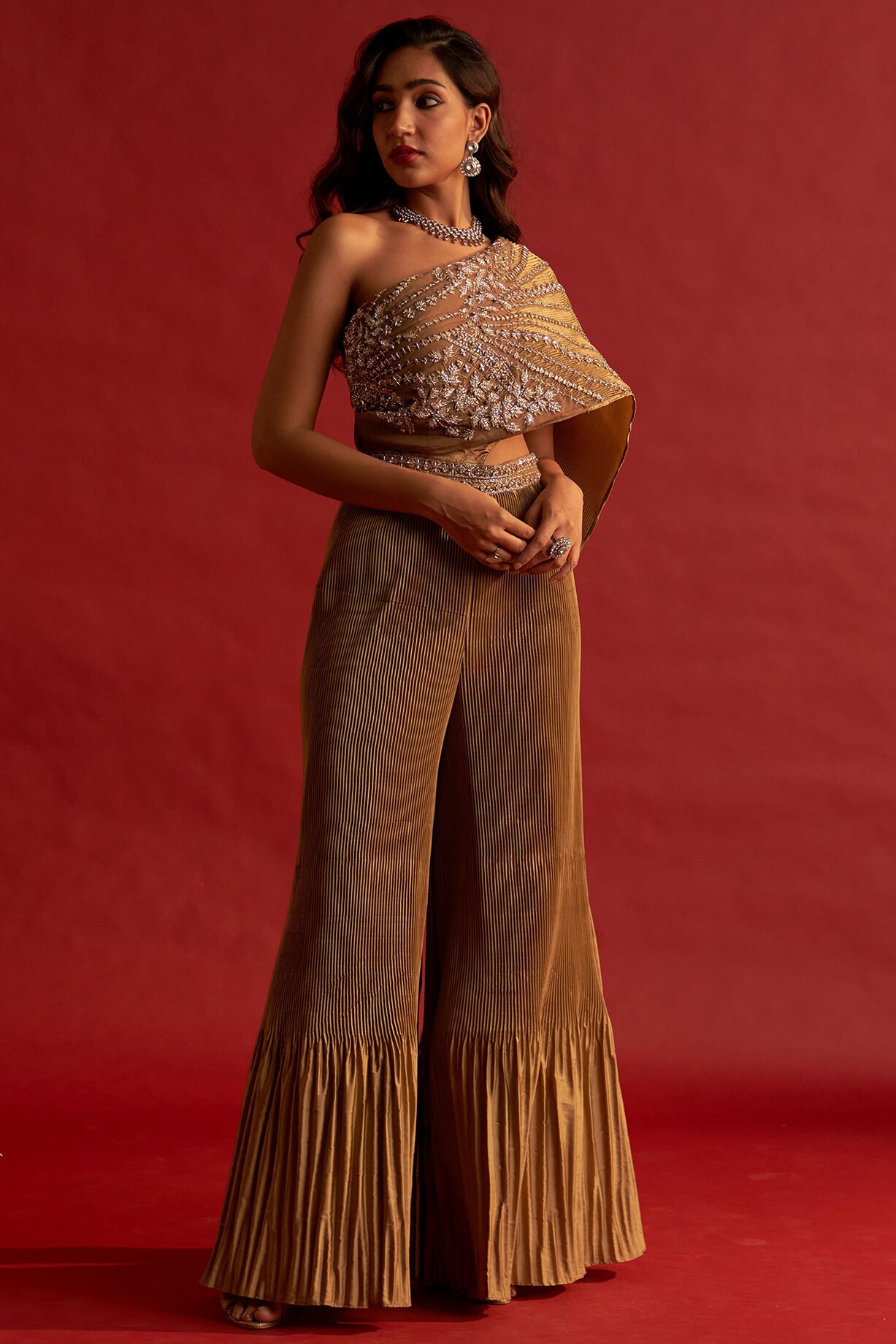 Copper Gold Pleated Silk Taffeta Patchwork Embroidered Jumpsuit by ...