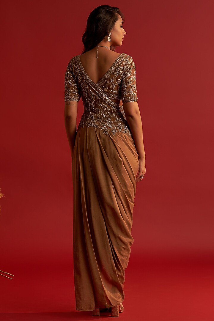 Dusky Gold Organza Zardosi Hand Embroidered Draped Gown Saree by Reeti ...