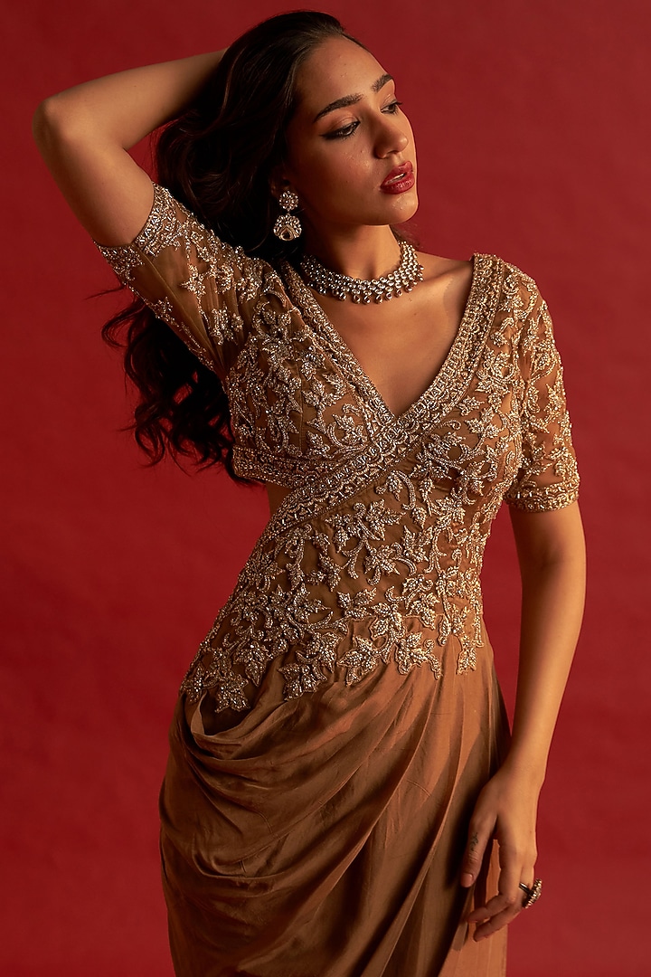 Dusky Gold Organza Zardosi Hand Embroidered Draped Gown Saree by Reeti ...