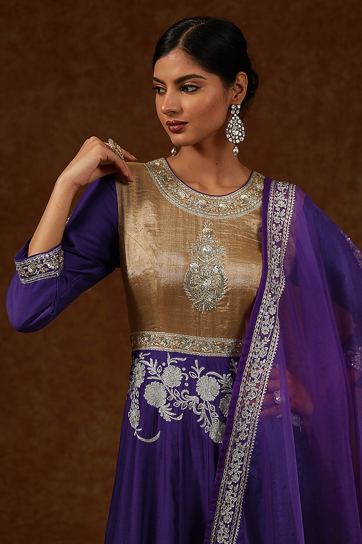 Purple Chanderi Handloom Aari Embroidered Anarkali Set Design by Rar ...