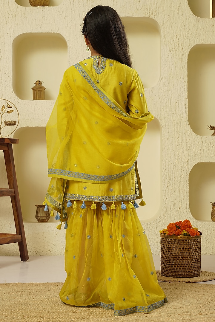 Lime Chanderi Silk Embroidered Sharara Set For Girls by Lil Gems by RAR ...