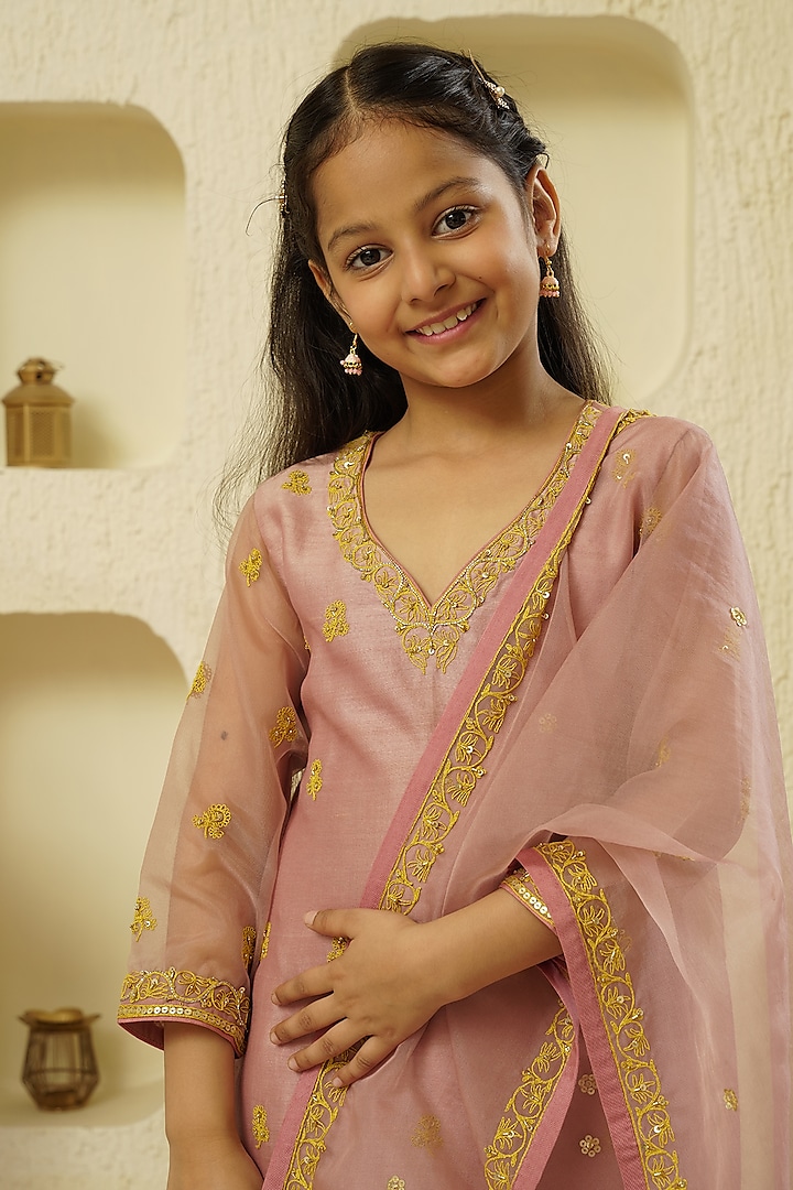 Old Rose Chanderi Silk Embroidered Kurta Set For Girls by Lil Gems by ...