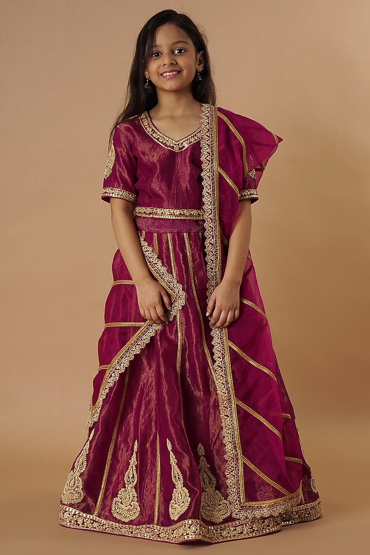 Magenta Chanderi & Dhari Tissue Embroidered Lehenga Set For Girls by ...