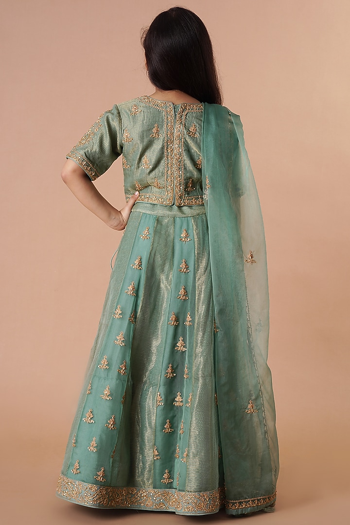 Moss Green Chanderi & Dhari Tissue Embroidered Lehenga Set For Girls by ...