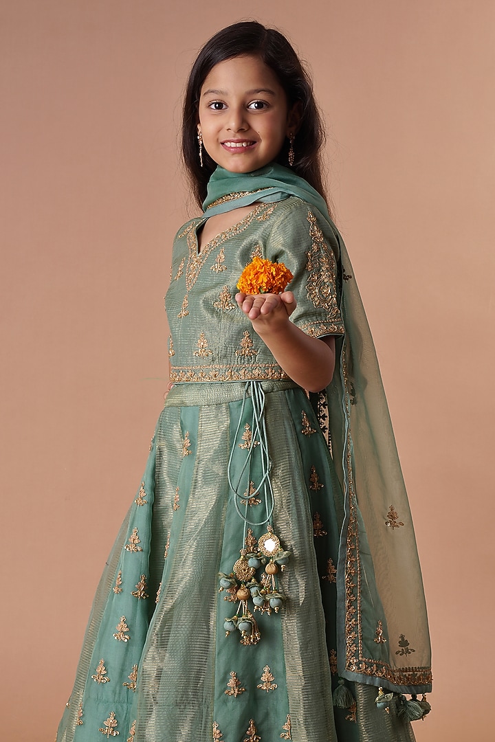 Moss Green Chanderi & Dhari Tissue Embroidered Lehenga Set For Girls by ...